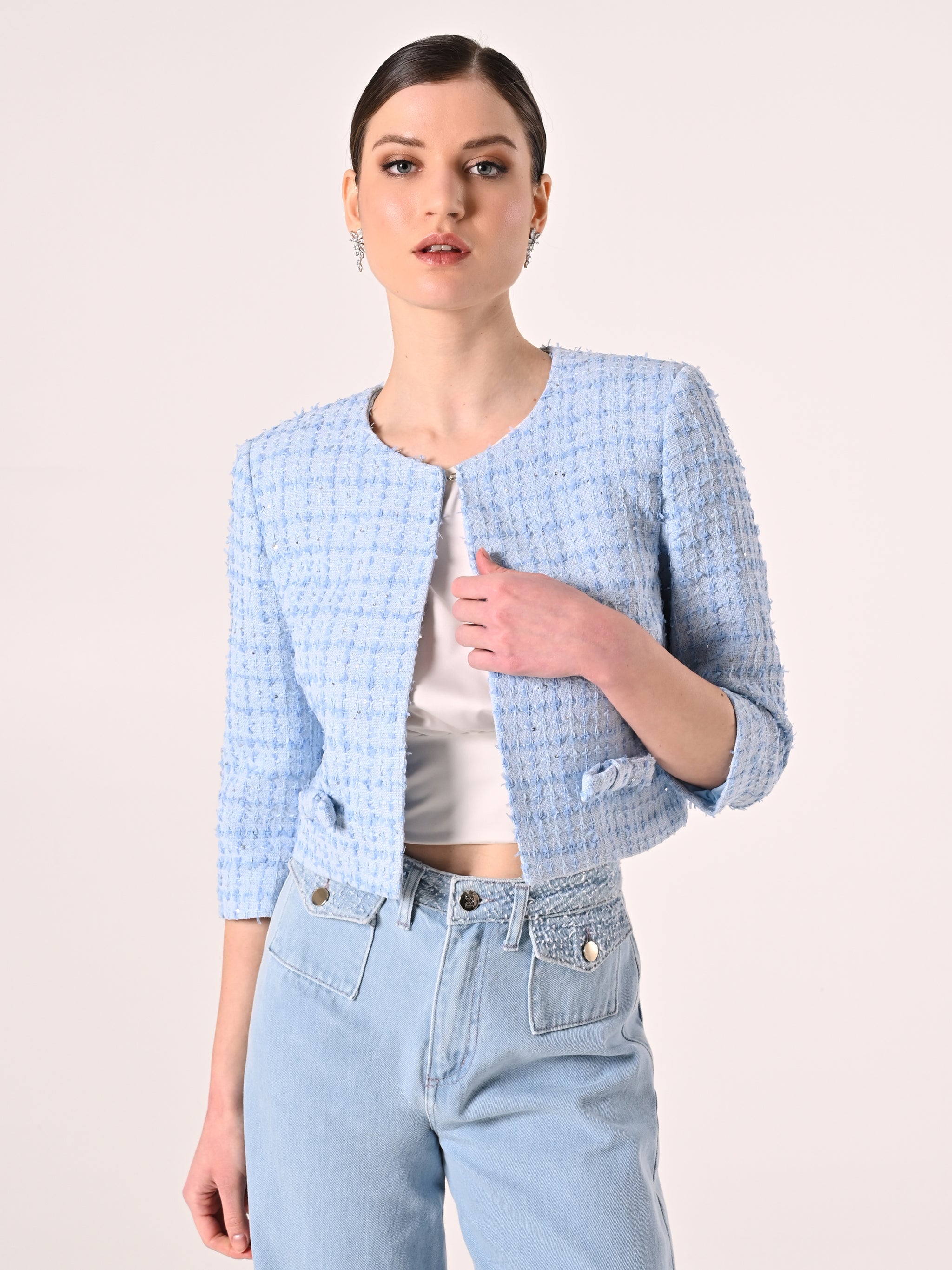 Light Blue Tweed Jacket with Micro Sequins